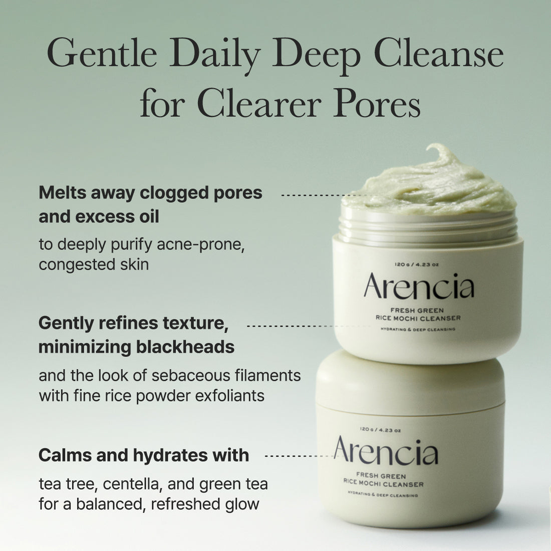 Arencia Fresh Green Rice Mochi Cleanser, Gentle Daily Cleanser for Acn